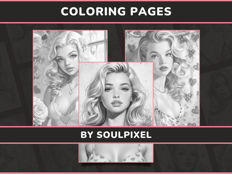 20 Valentines Day Pin Up Girls Coloring Pages For Adults Set 1 Retro