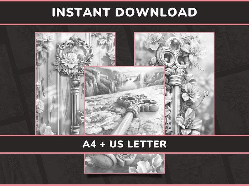 20 Beautiful Keys Coloring Pages for Adults Set 1 Keys and Flower ...