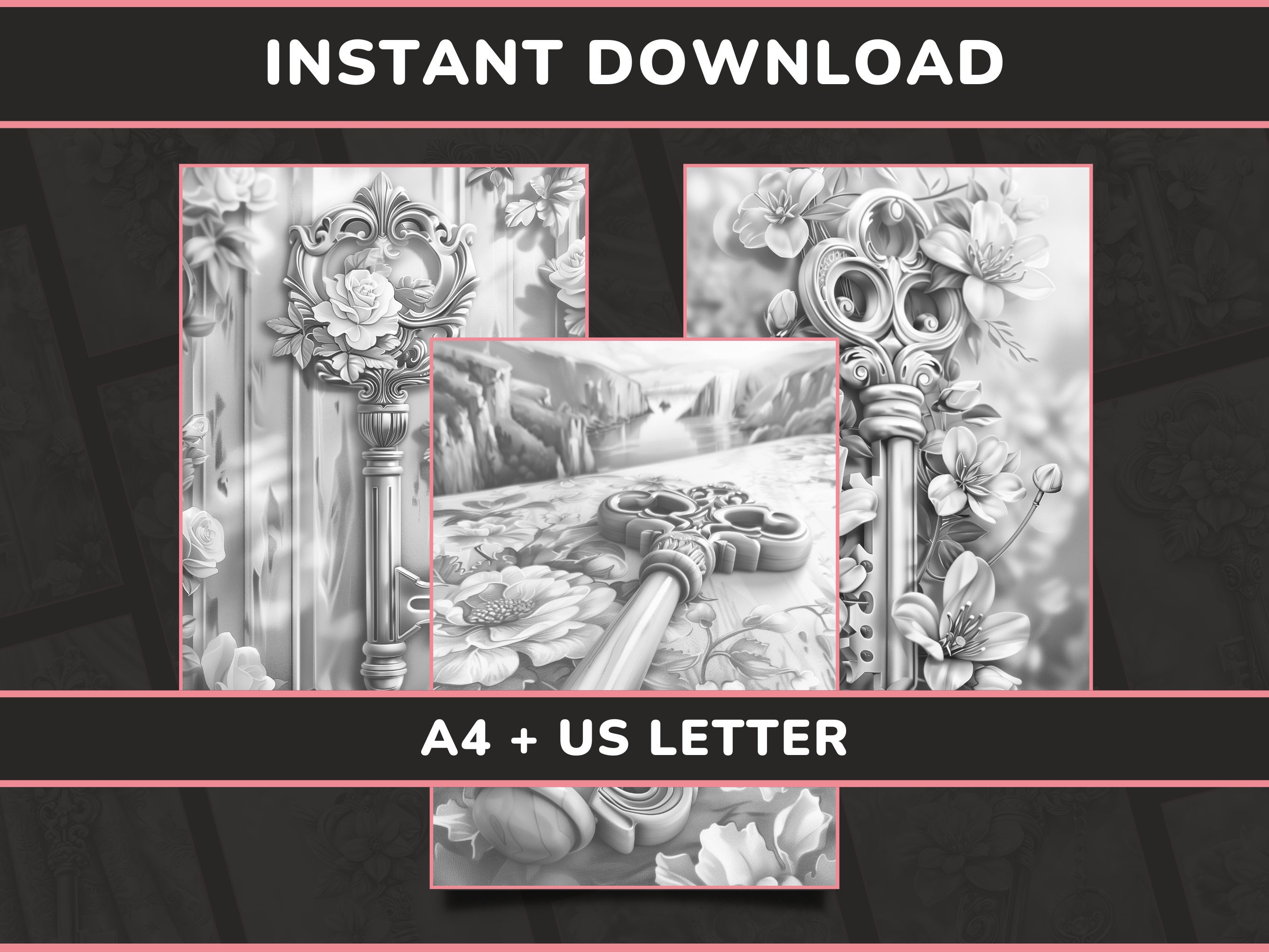 20 Beautiful Keys Coloring Pages for Adults Set 1 Keys and Flower ...