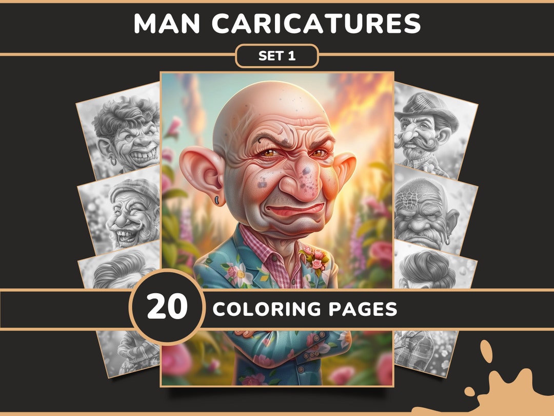 20 Man Caricatures Coloring Pages for Adults - Set 1 | Funny Men ...