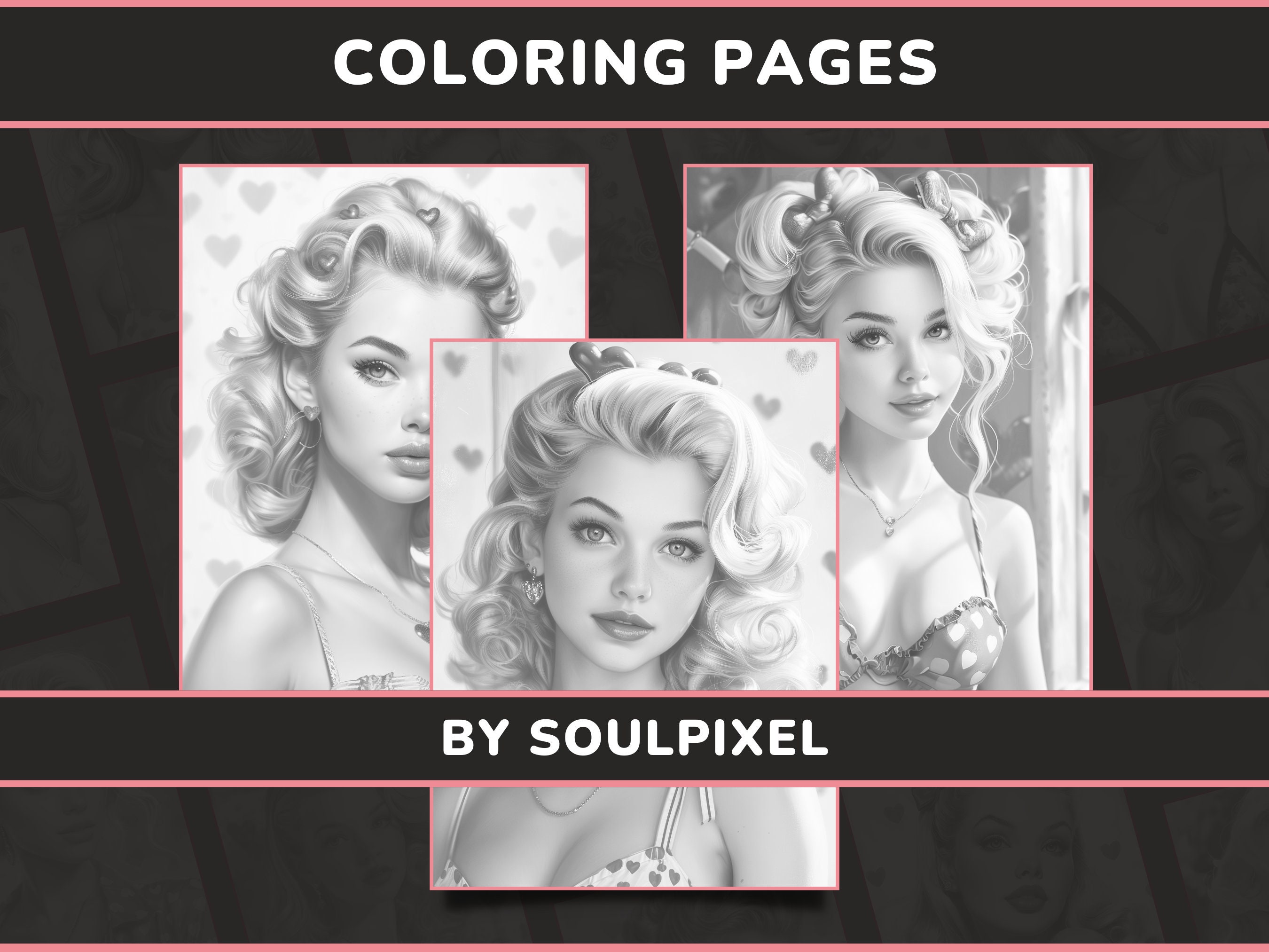 20 Valentines Day Pin Up Girls Coloring Pages For Adults Set 1 Retro