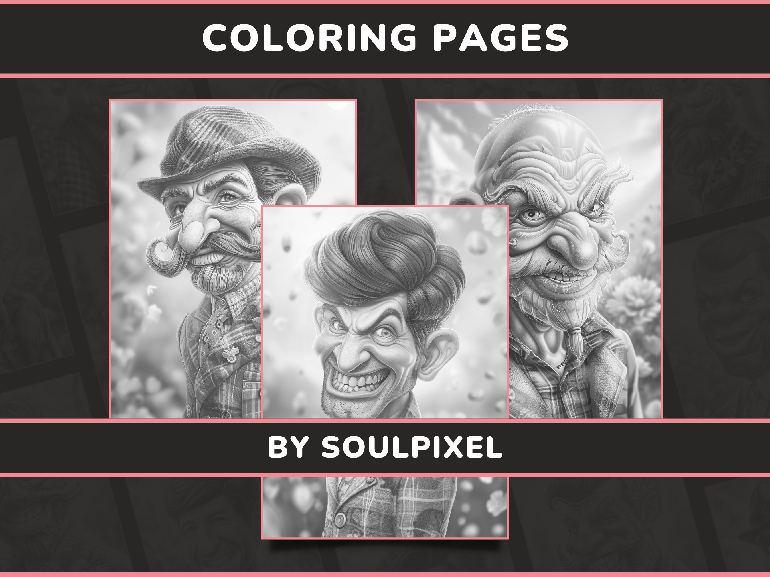 20 Man Caricatures Coloring Pages for Adults Set 1 Funny Men Portraits ...