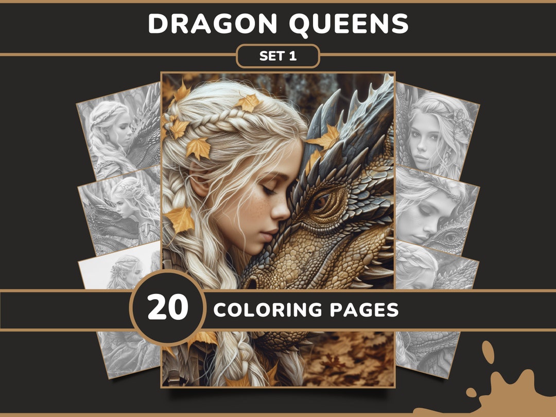 20 Dragon Queens Coloring Pages for Adults Set 1 Fantasy Women and ...
