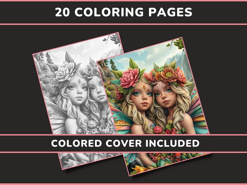 20 Cute Fairy Twins Coloring Pages for Adults Set 1 Adorable Fantasy ...