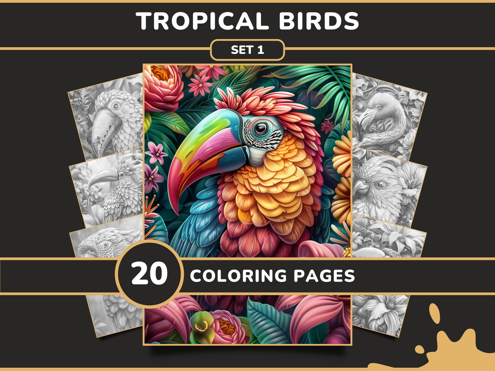 20 Tropical Birds Coloring Pages for Adults Set 1 Exotic Birds and ...