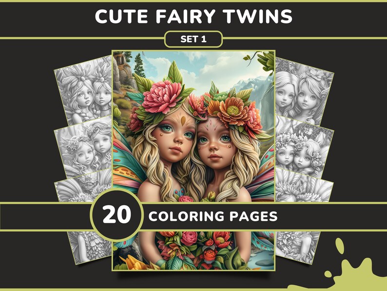 20 Cute Fairy Twins Coloring Pages for Adults Set 1 Adorable Fantasy ...