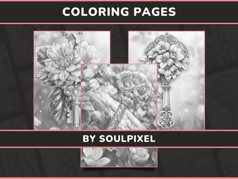 20 Beautiful Keys Coloring Pages for Adults Set 1 Keys and Flower ...