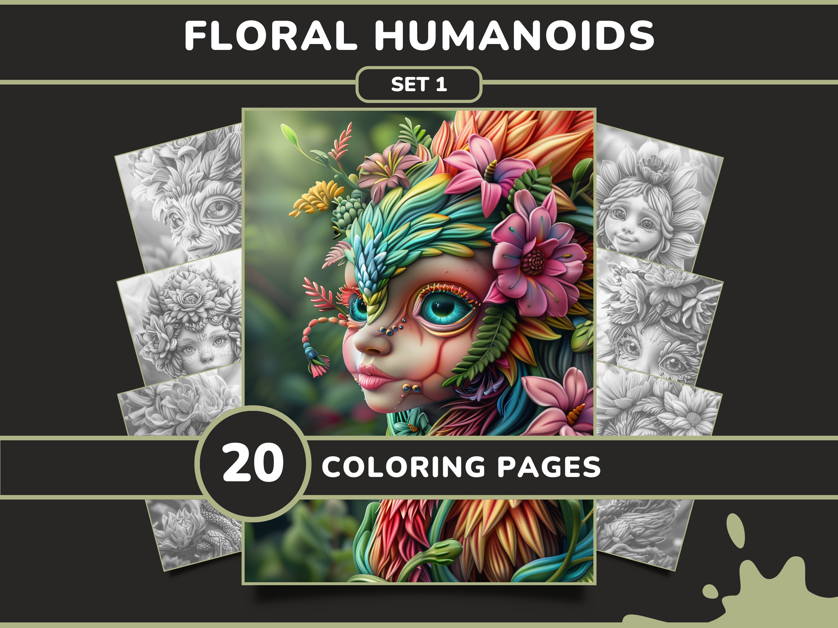 20 Floral Humanoids Coloring Pages for Adults Set 1 Whimsical Fantasy ...