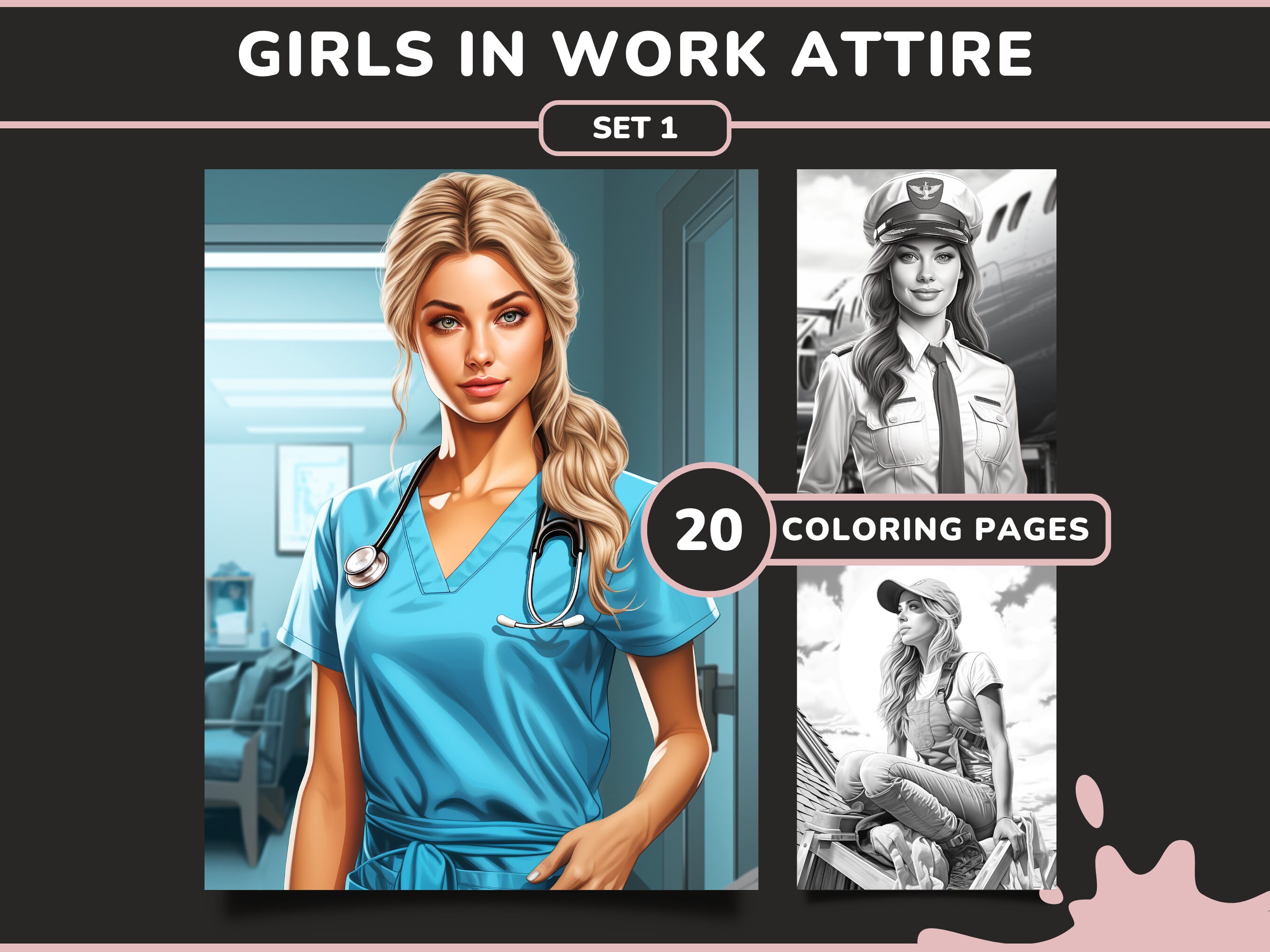 20 Girls in Work Attire Coloring Pages for Adults Set 1 Women in ...