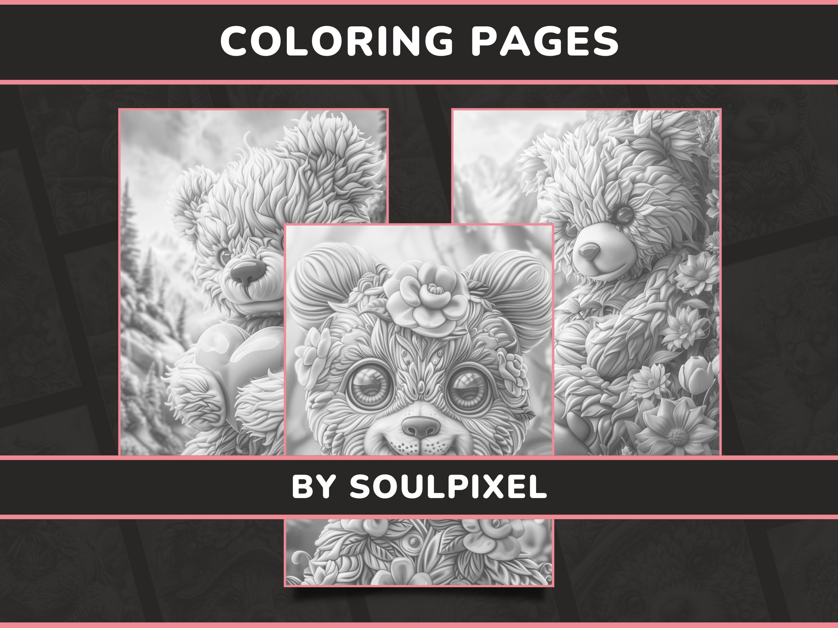 20 Cute Bears Coloring Pages for Adults Set 1 Adorable Teddies, Flower ...