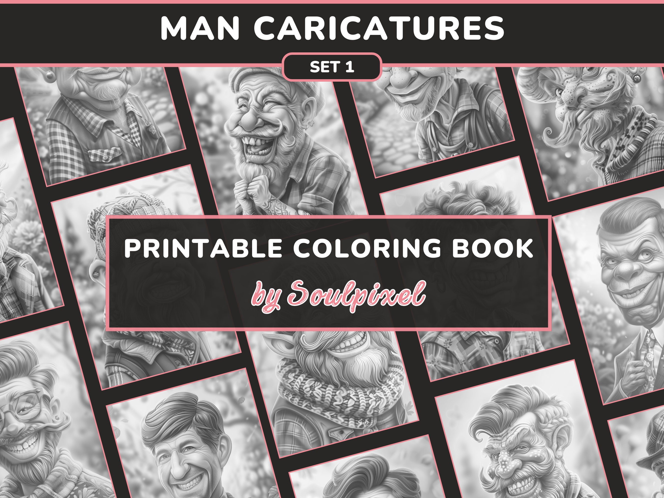 20 Man Caricatures Coloring Pages for Adults Set 1 Funny Men Portraits ...