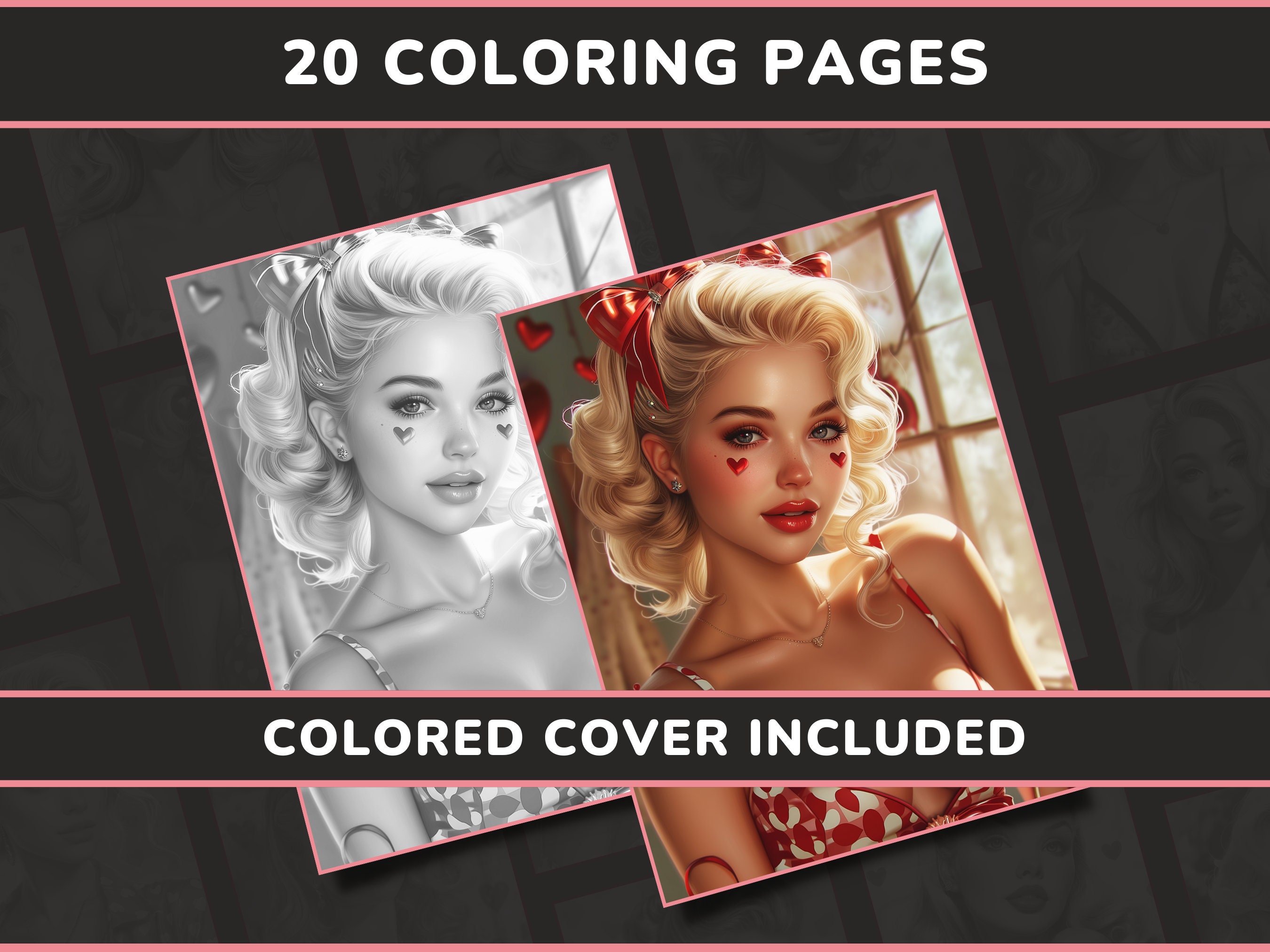 20 Valentines Day Pin Up Girls Coloring Pages For Adults Set 1 Retro