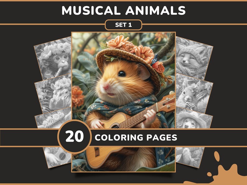 20 Musical Animals Coloring Pages for Adults Set 1 Fantasy Animals ...