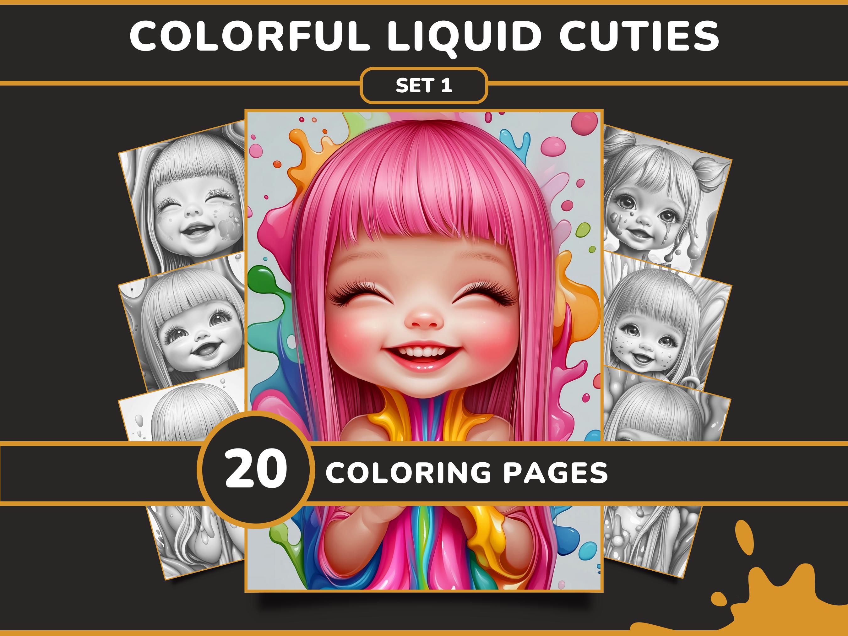 20 Colorful Liquid Cuties Coloring Pages for Adults Set 1 Adorable Cute ...