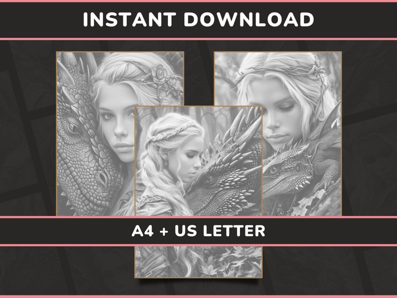 20 Dragon Queens Coloring Pages for Adults Set 1 Fantasy Women and ...