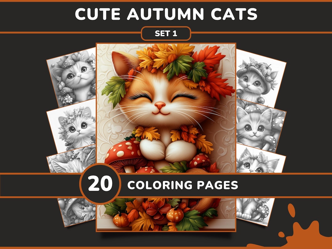 20 Cute Autumn Cats Coloring Pages for Adults - Set 1 | Adorable Kitten ...
