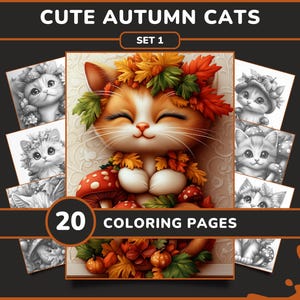 20 Cute Autumn Cats Coloring Pages for Adults - Set 1 | Adorable Kitten ...