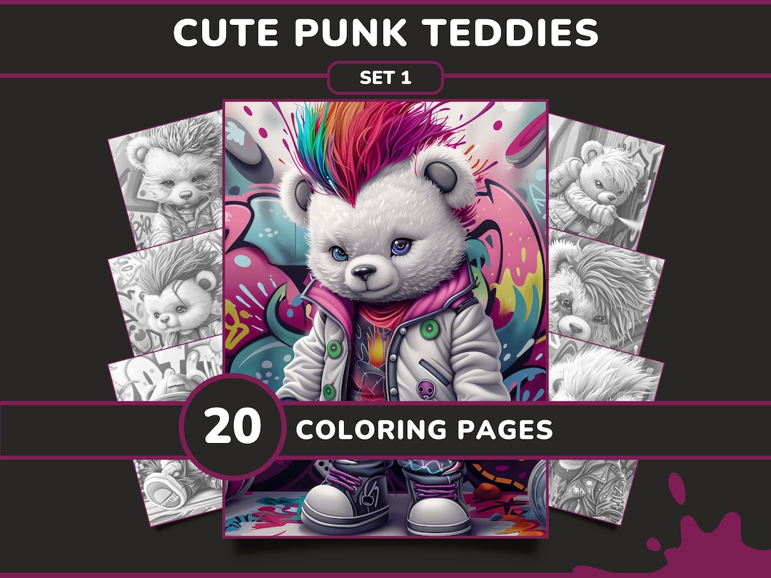 20 Cute Punk Teddies Coloring Pages for Adults - Set 1 | Teddy Bears ...