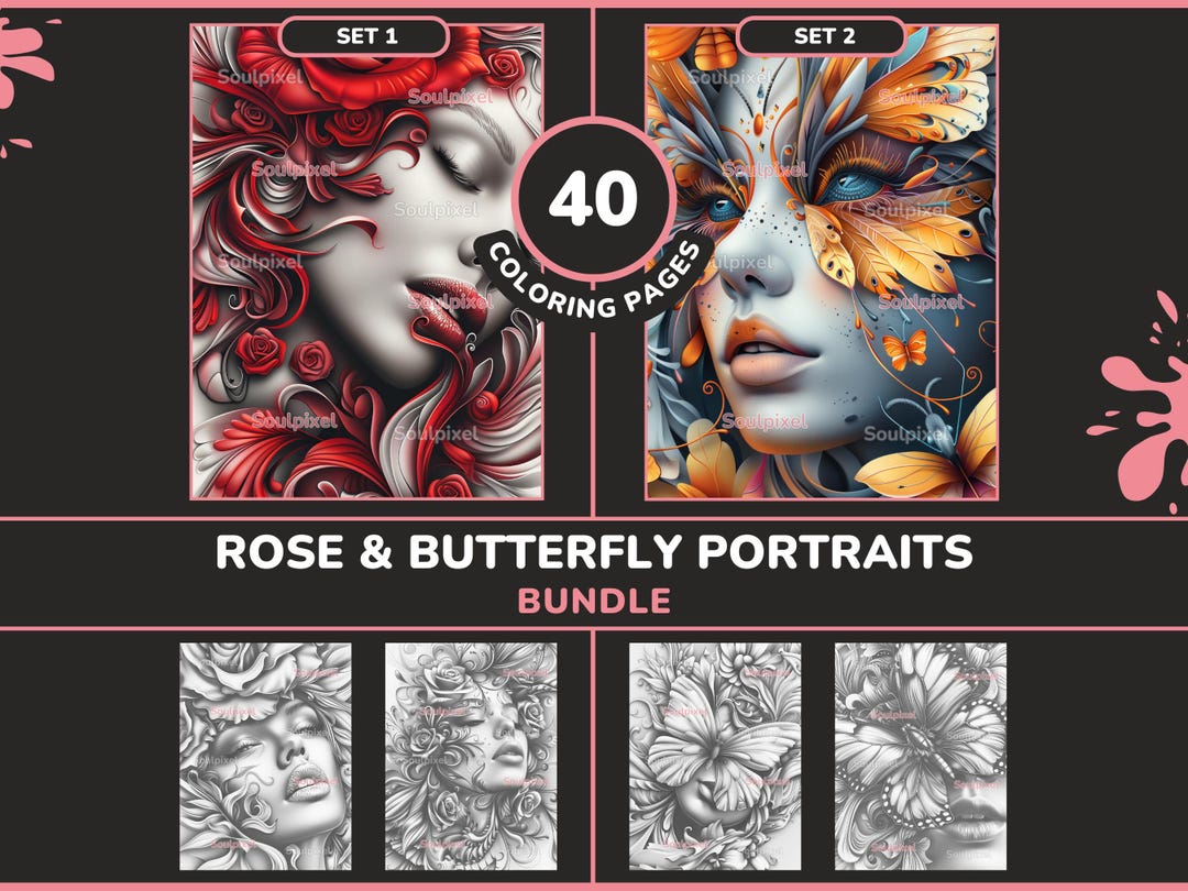 BUNDLE | 40 Rose & Butterfly Portraits Coloring Pages for Adults ...