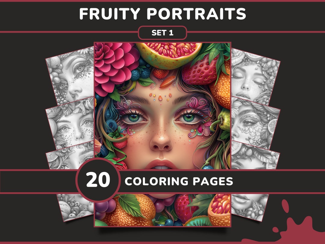 20 Fruity Portraits Coloring Pages for Adults Set 1 Fruits Women Faces ...