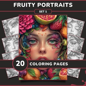20 Fruity Portraits Coloring Pages for Adults Set 1 Fruits Women Faces ...