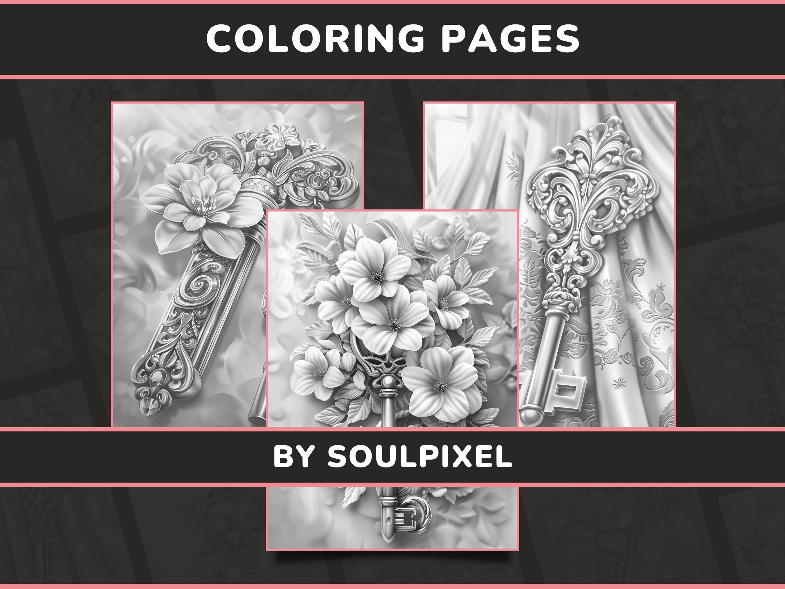 20 Beautiful Keys Coloring Pages for Adults Set 1 Keys and Flower ...