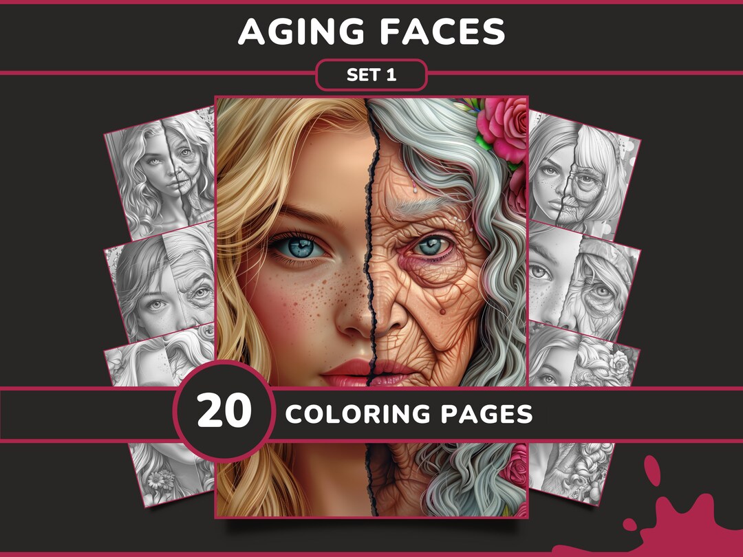 20 Aging Faces Coloring Pages for Adults - Set 1 | Young & Old Women ...