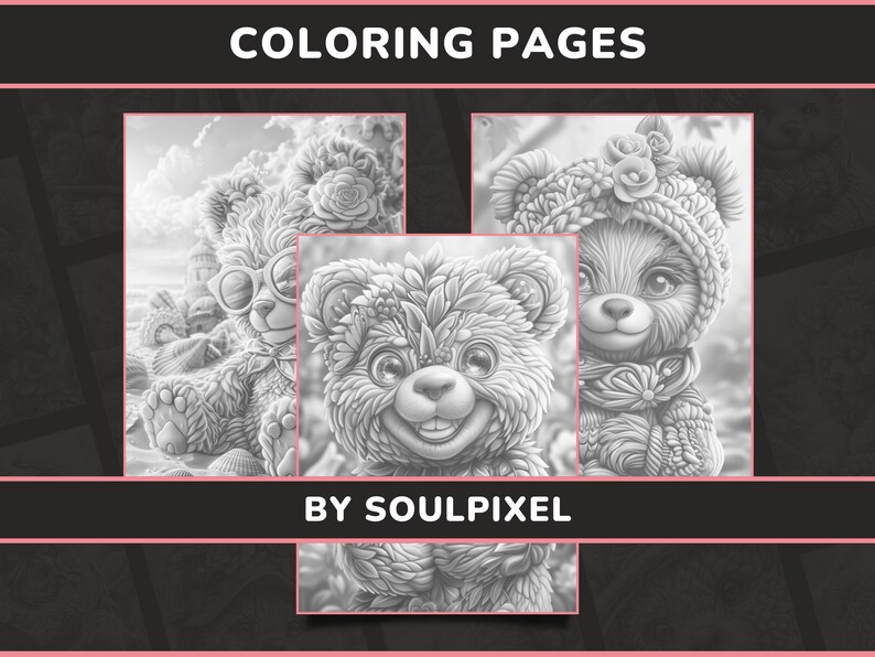 20 Cute Bears Coloring Pages for Adults Set 1 Adorable Teddies, Flower ...
