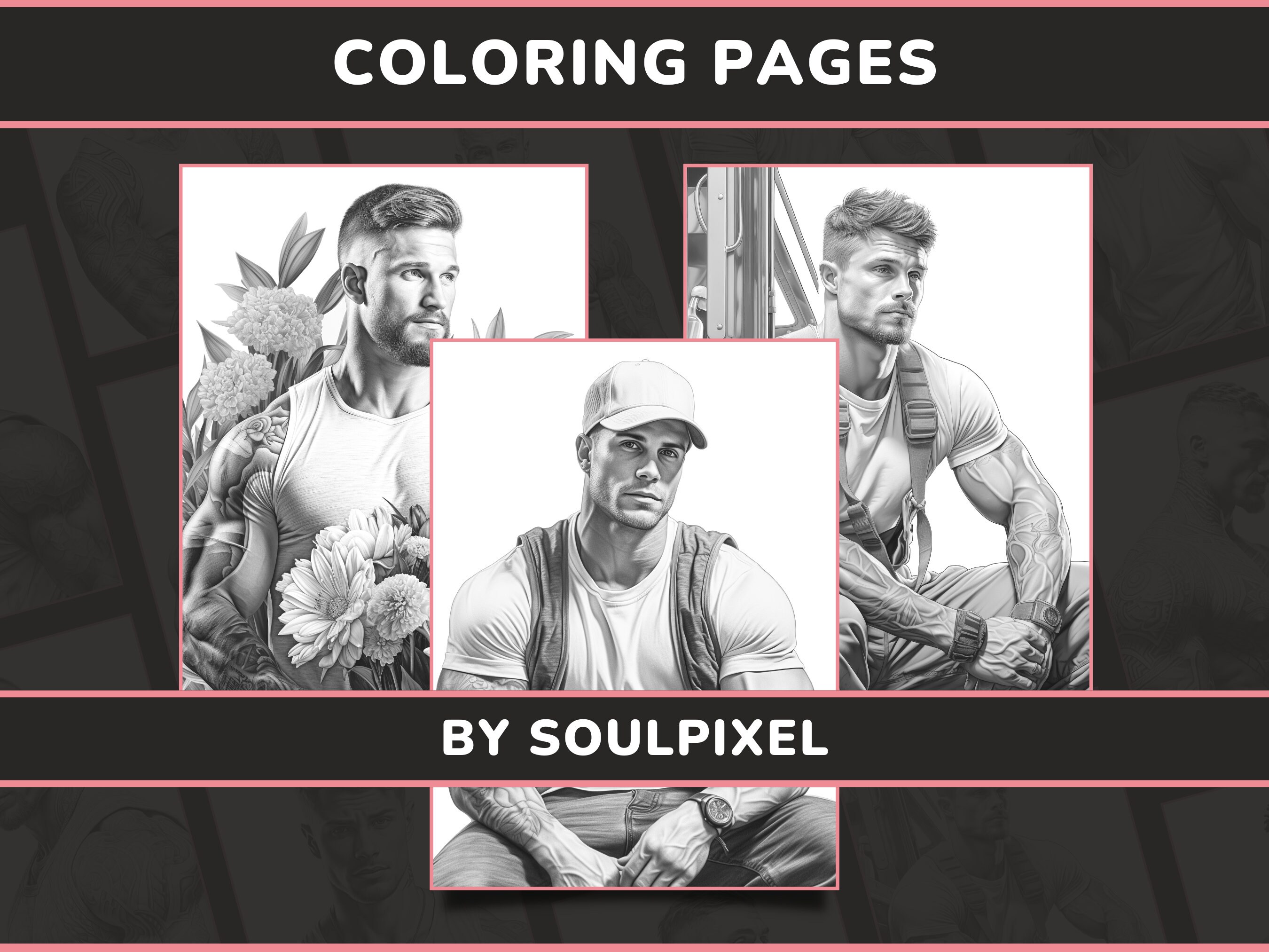 20 Muscular Men Coloring Pages for Adults Set 1 Realistic Guys With ...
