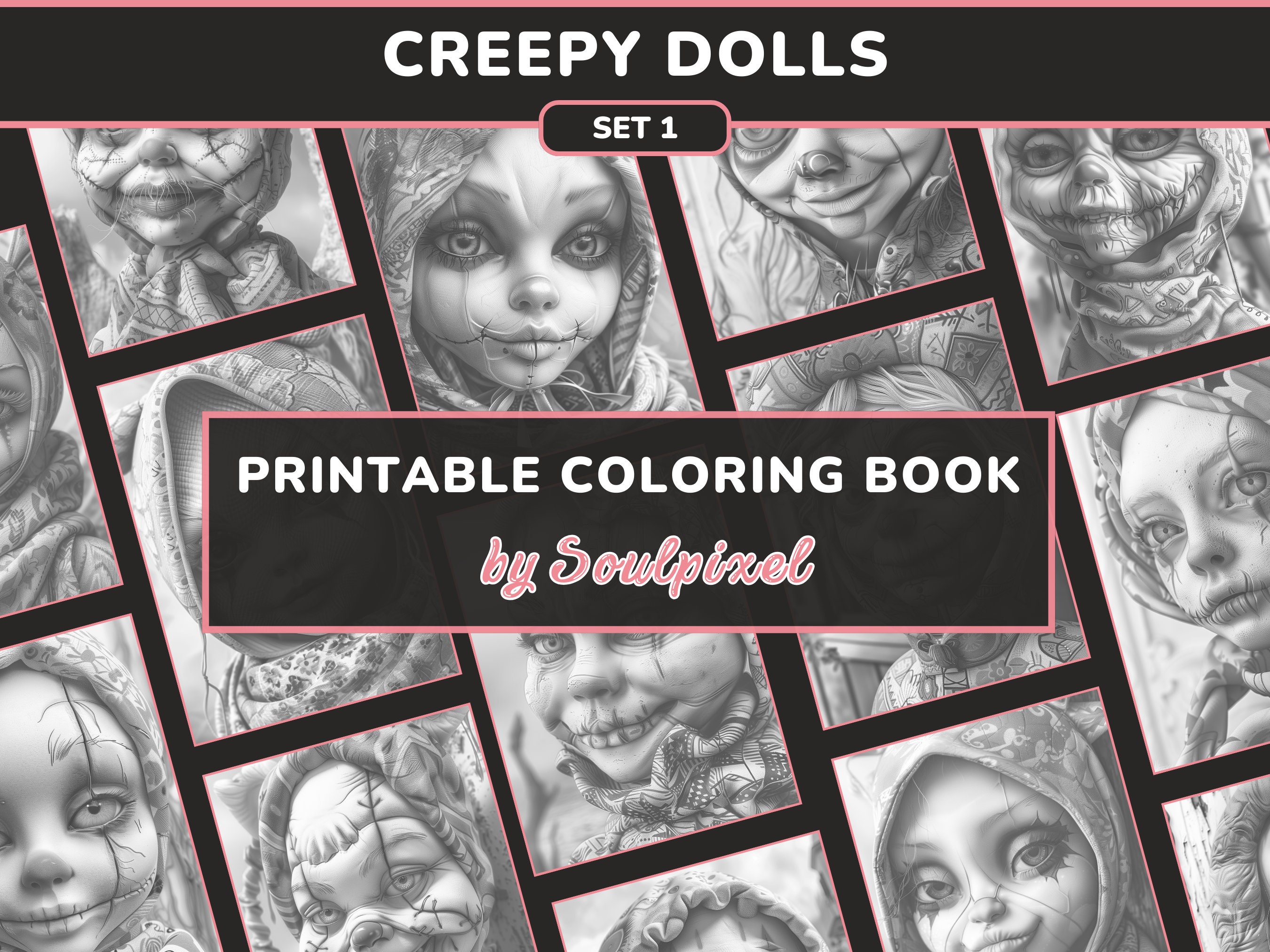 20 Creepy Dolls Coloring Pages for Adults Set 1 Spooky Scary Halloween ...