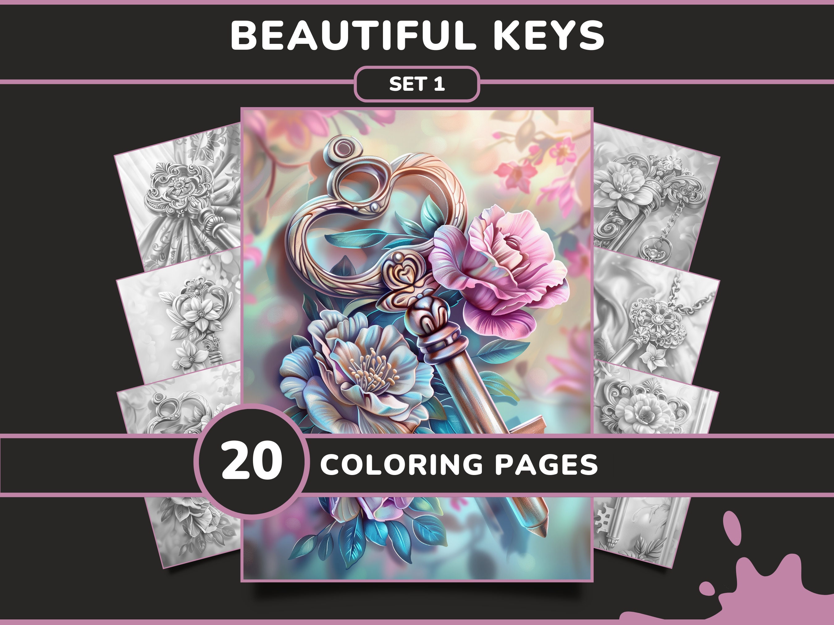 20 Beautiful Keys Coloring Pages for Adults Set 1 Keys and Flower ...
