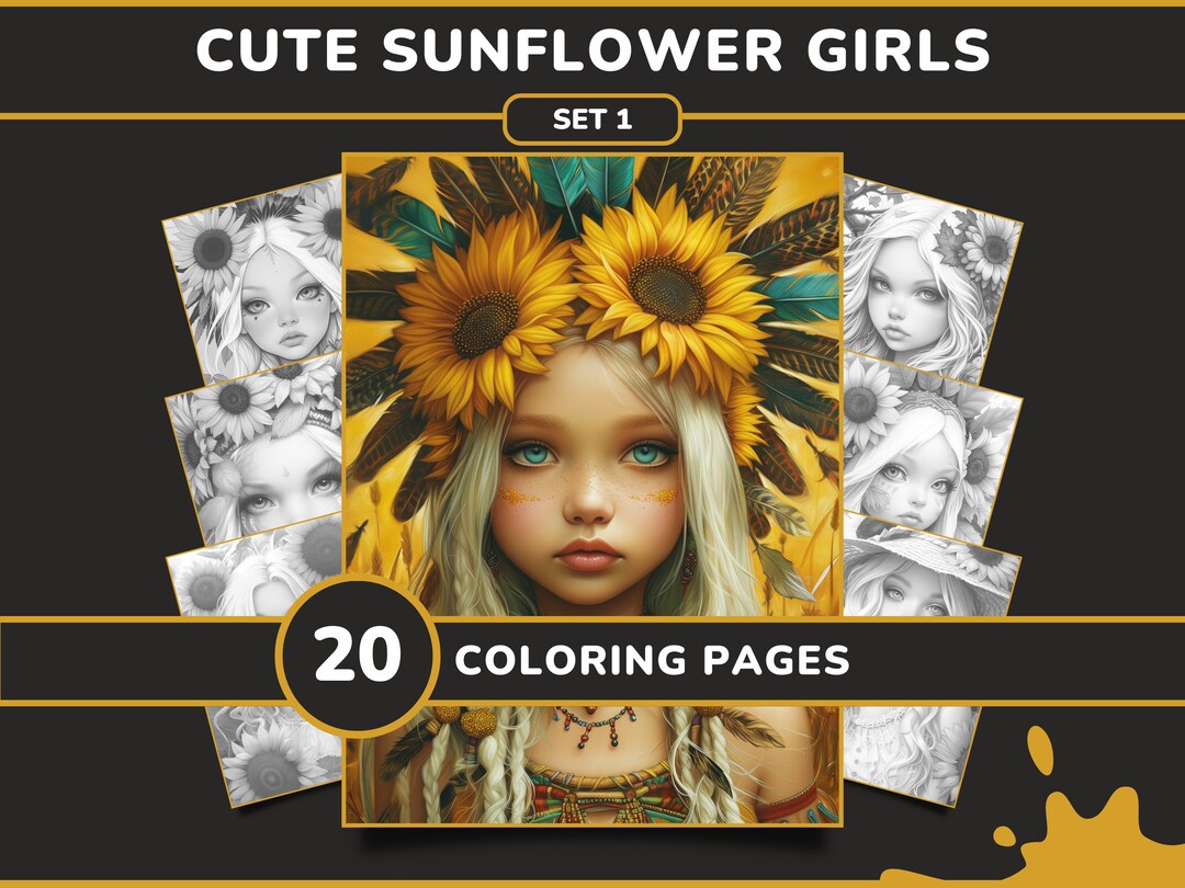 20 Cute Sunflower Girls Coloring Pages for Adults Set 1 Adorable Flower ...