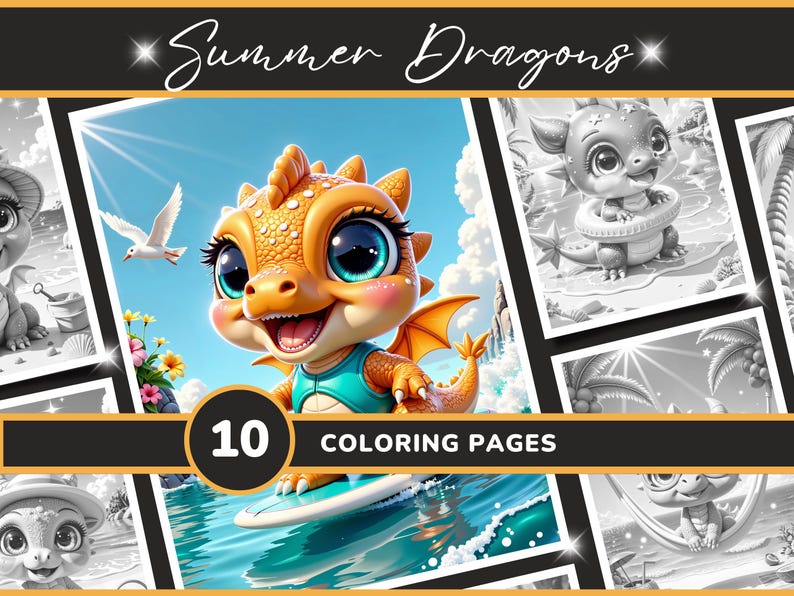 10 Summer Dragons Coloring Pages for Adults - Set 1 | Cute Baby Dragons ...
