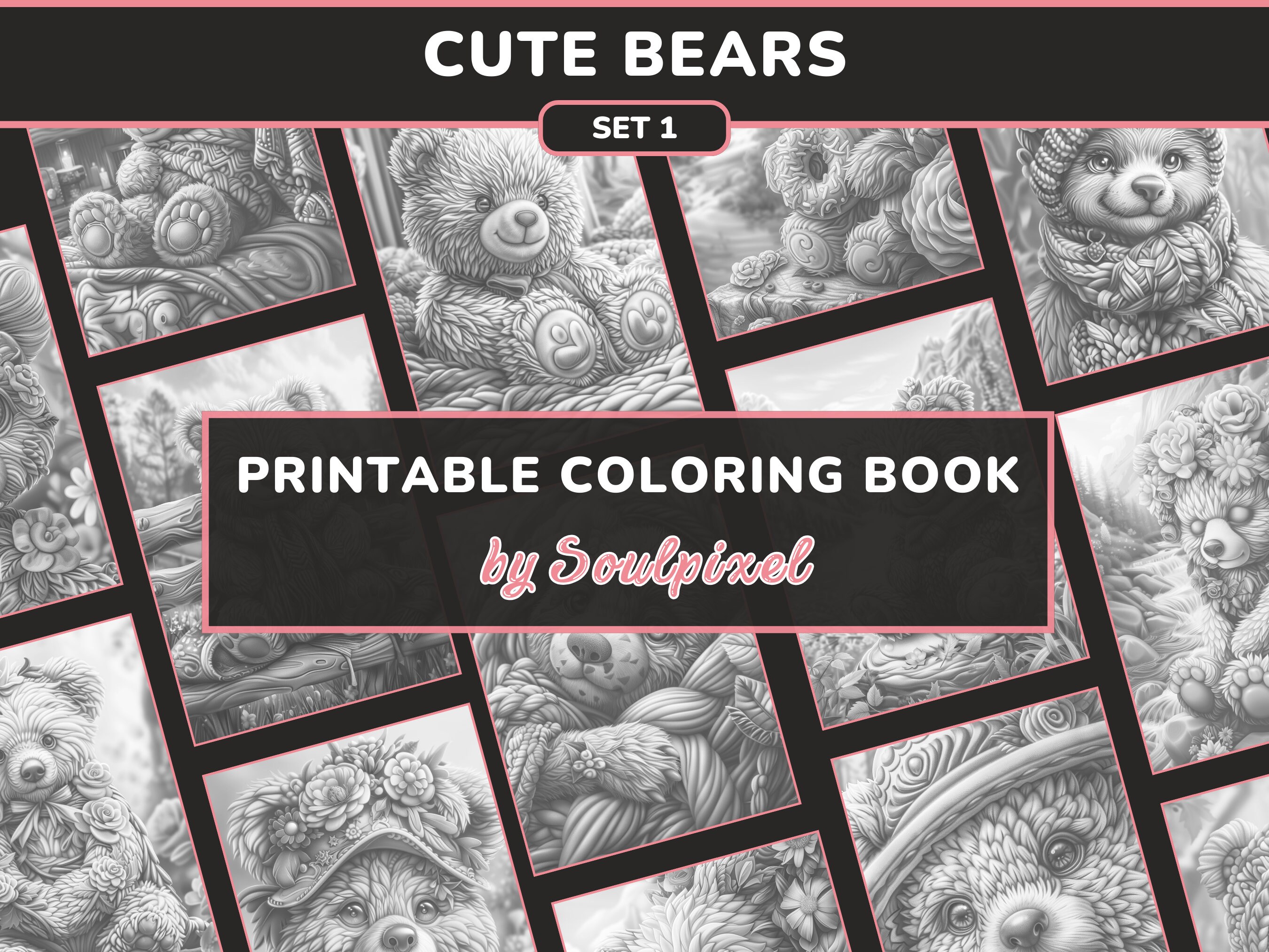 20 Cute Bears Coloring Pages for Adults Set 1 Adorable Teddies, Flower ...