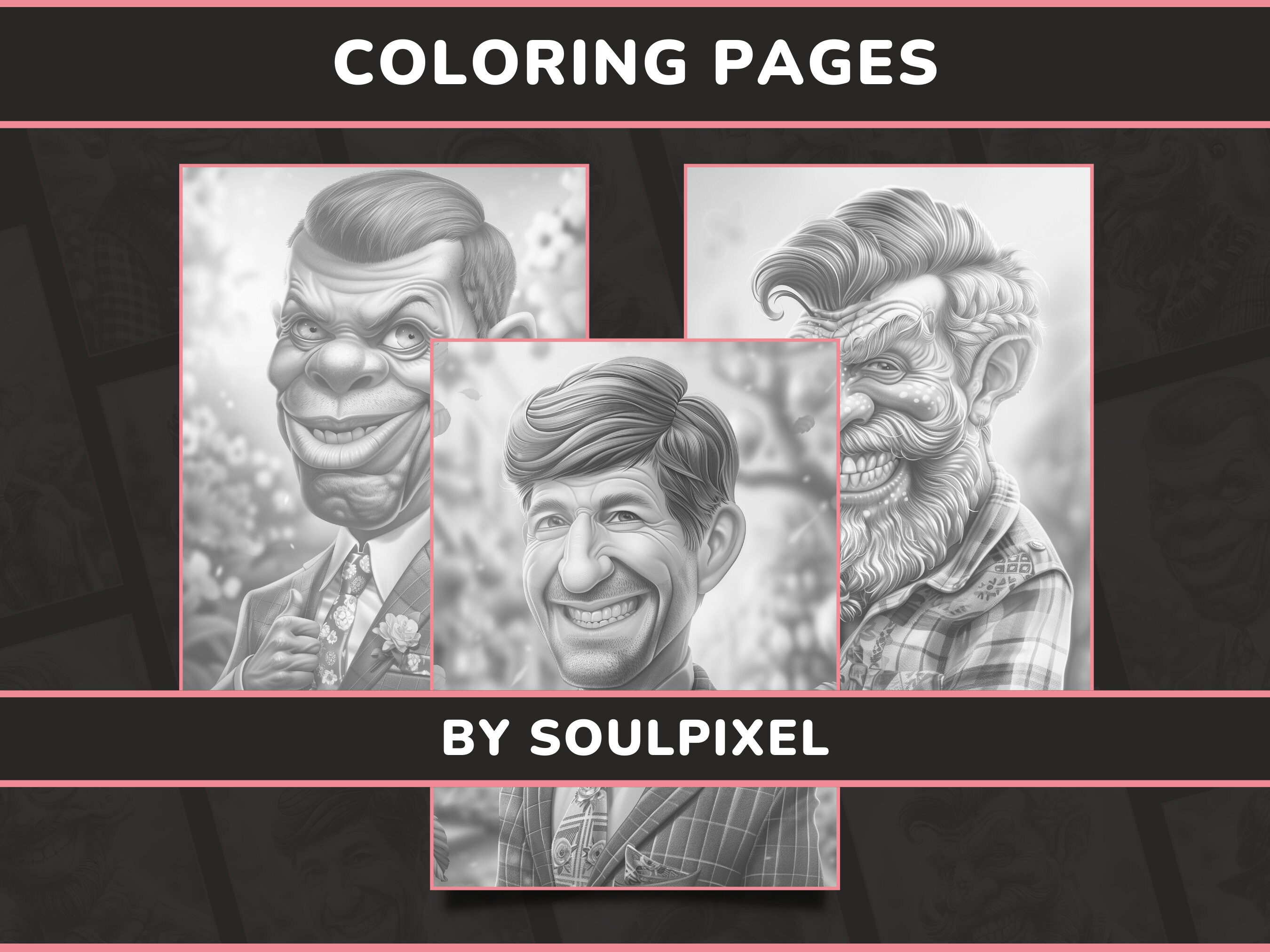 20 Man Caricatures Coloring Pages for Adults Set 1 Funny Men Portraits ...