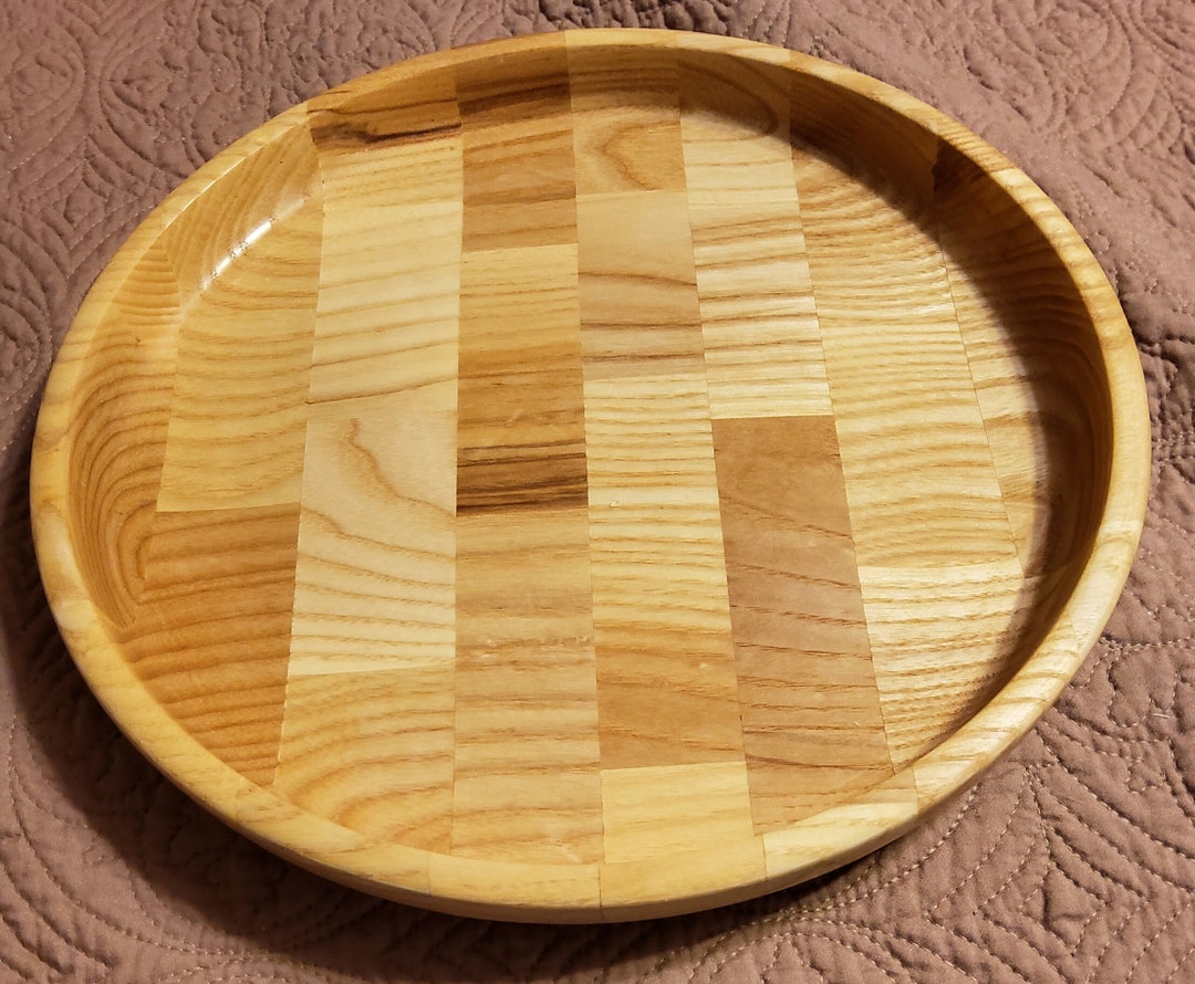 Large, Round, Wooden Patchwork Platter. All Natural Hardwood ...