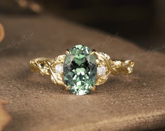 Vintage Green Sapphire Engagement Ring Set Nature Inspired Leaf ...