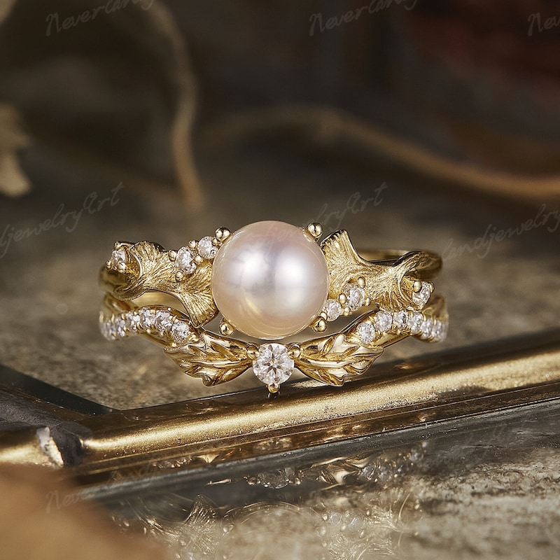 Pearl Engagement Ring Set - Etsy
