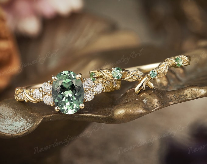 Vintage Green Sapphire Engagement Ring Set Nature Inspired Leaf ...