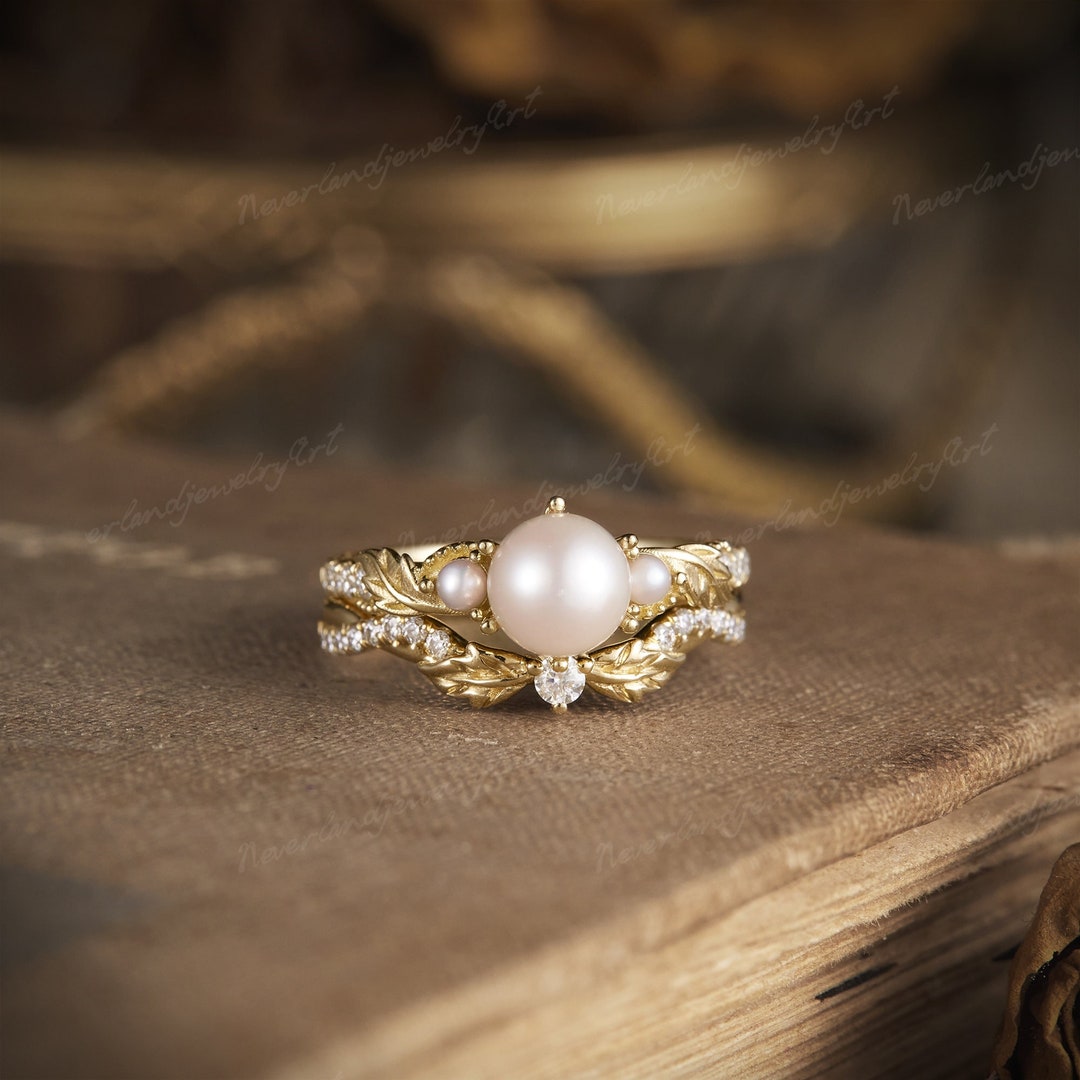 Vintage Akoya Pearl Engagement Ring Set Leaf Gold Handmade Wedding Ring ...