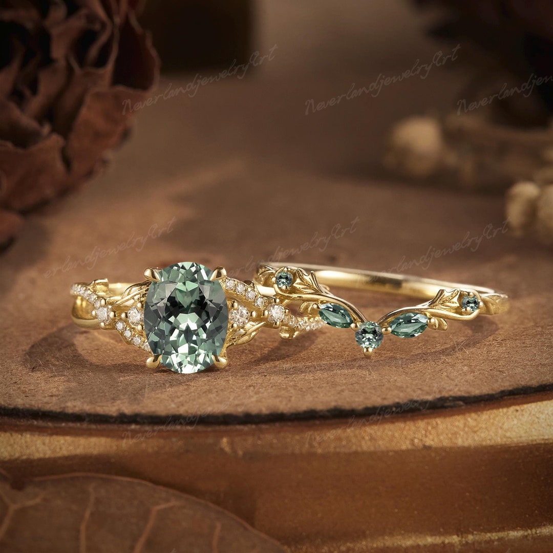 Oval Green Sapphire Engagement Ring Set Yellow Gold Leaf Wedding Ring ...