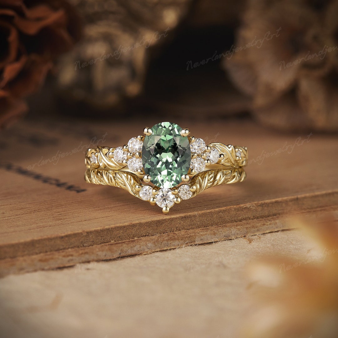 Vintage Green Sapphire Engagement Ring Set Inspired Leaf Gold Handmade ...