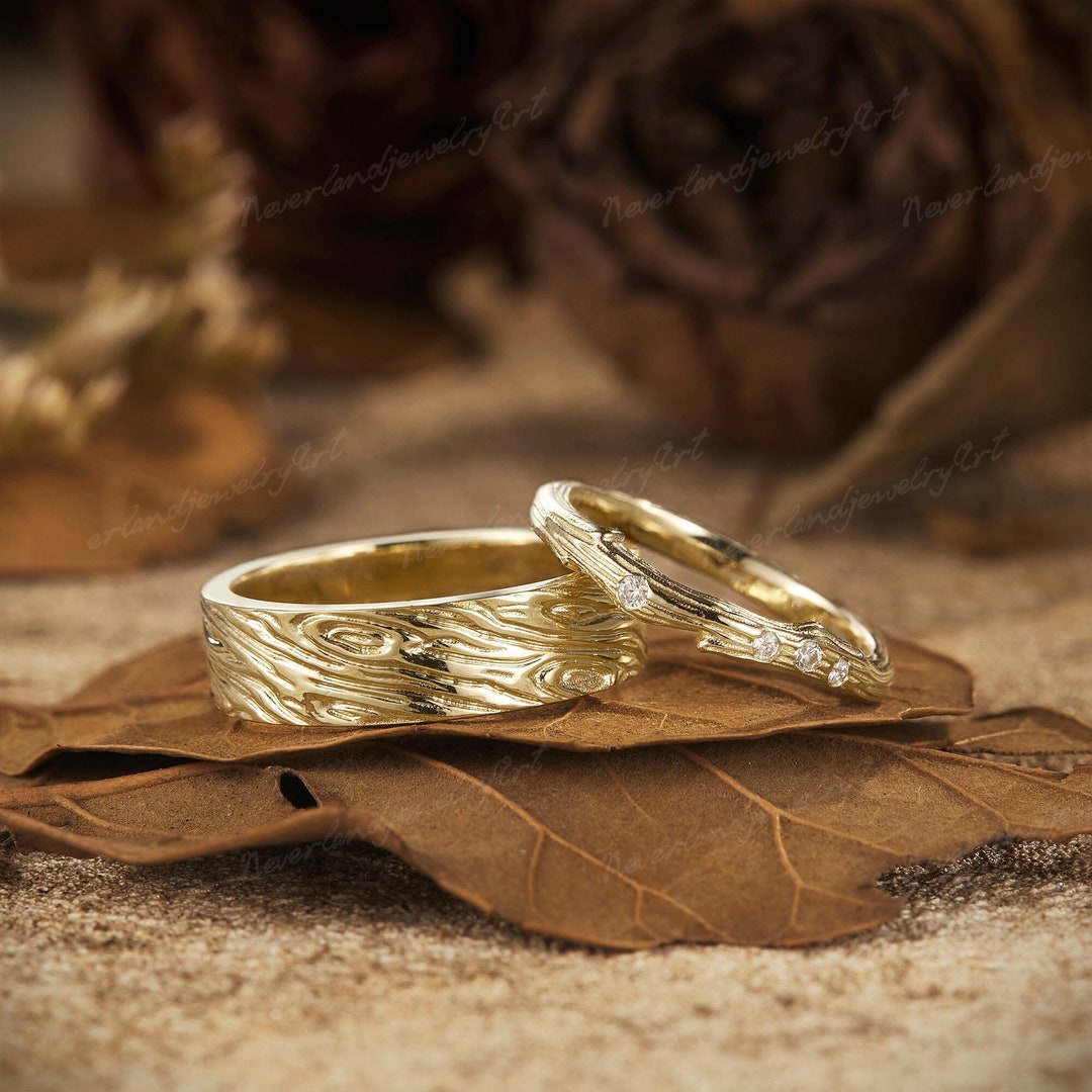 Vintage 2pcs Couple Rings Set Nature Inspired Texture Handmade Wedding ...