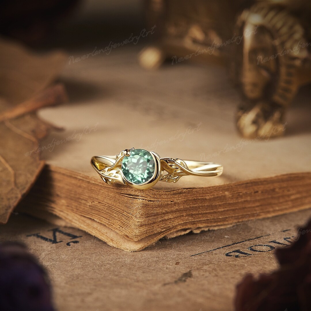 Vintage Round Cut Green Sapphire Leaf Engagement Ring Nature Inspired ...