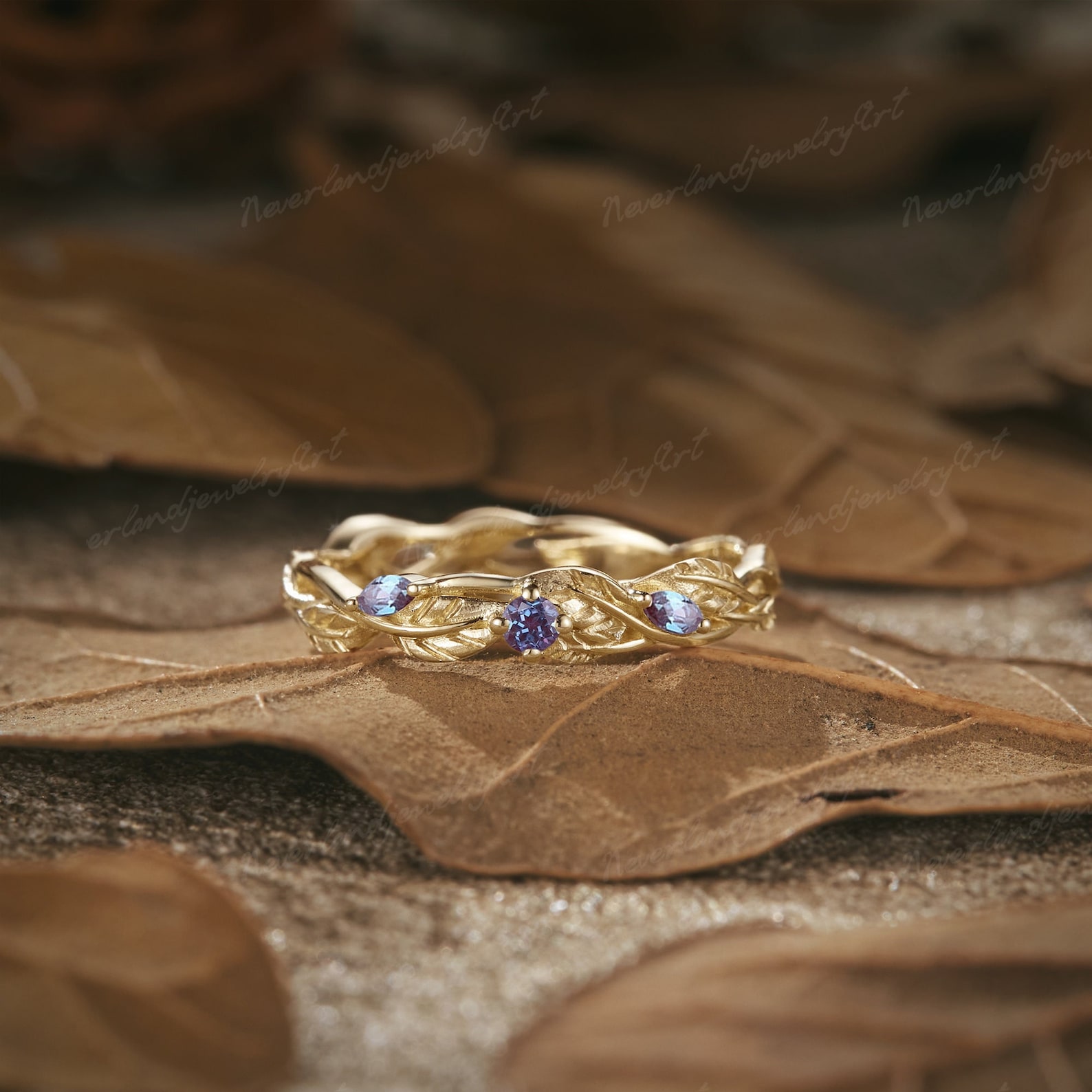Alexandrite Leaf Engagement Ring Nature Inspired Floral Gold Wedding ...