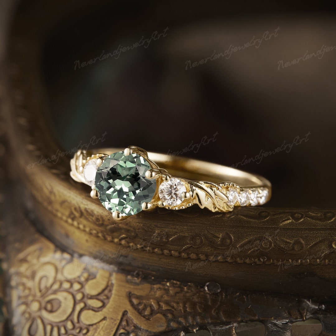 Round Shaped Green Sapphire Engagement Ring Solid Gold Ring Unique Twig ...