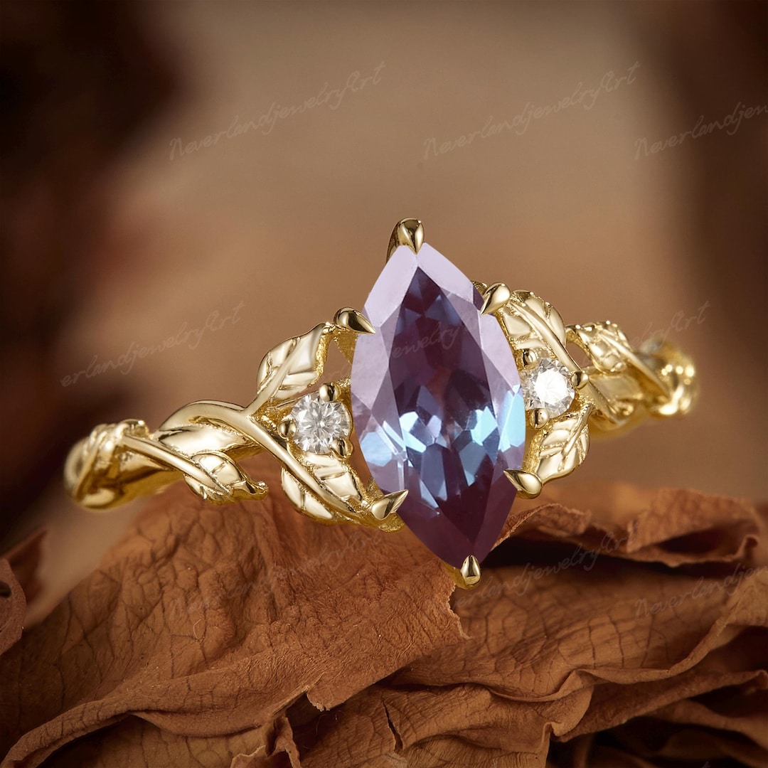 Unique Alexandrite Engagement Ring Marquise Cut Gold Ring Branch Ring ...