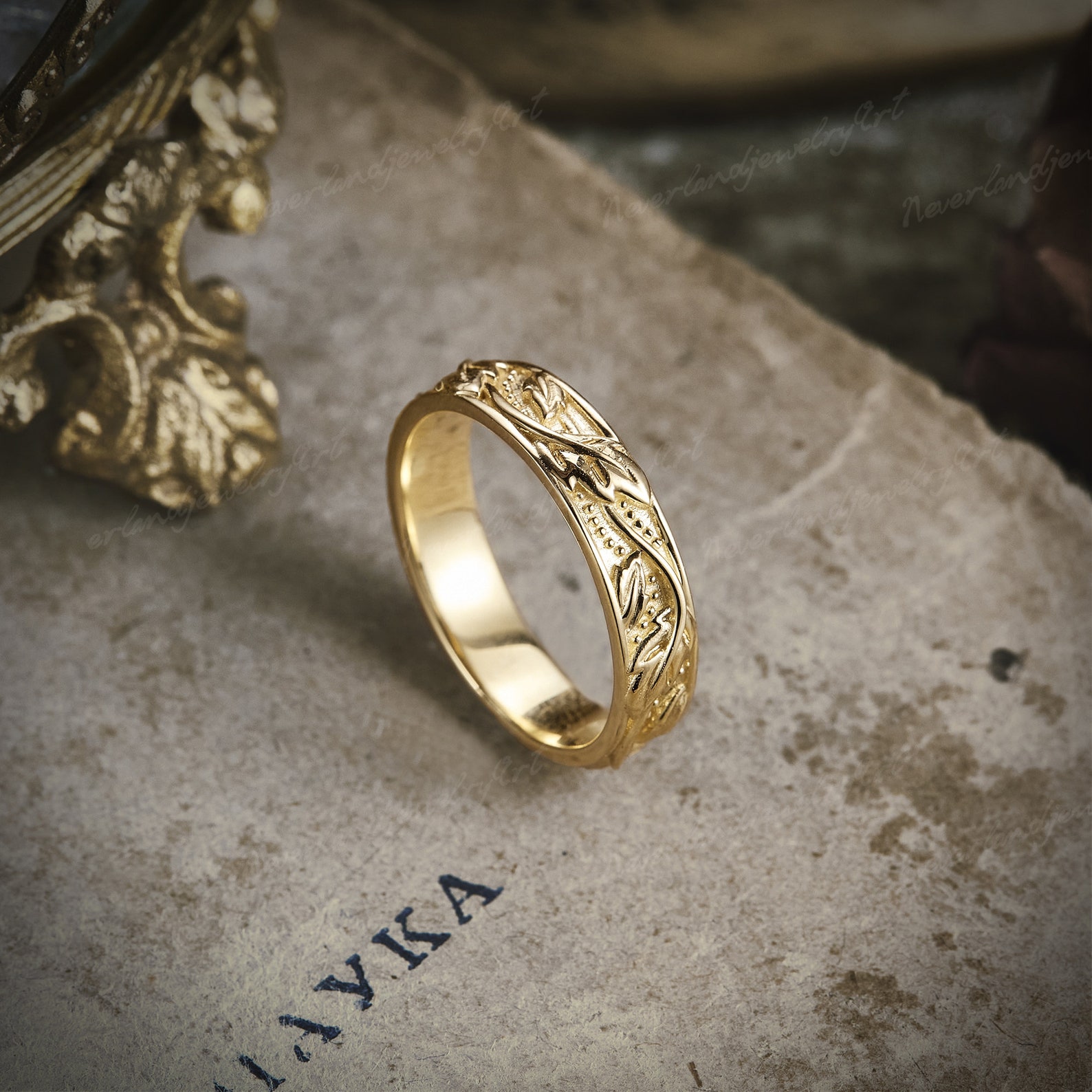 Vintage Mens Wedding Band Gold Couple Rings Nature Inspired Leaf Floral ...