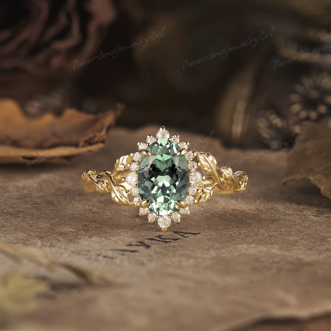 Vintage Oval Shaped Green Sapphire Engagement Ring Nature Inspired Leaf ...