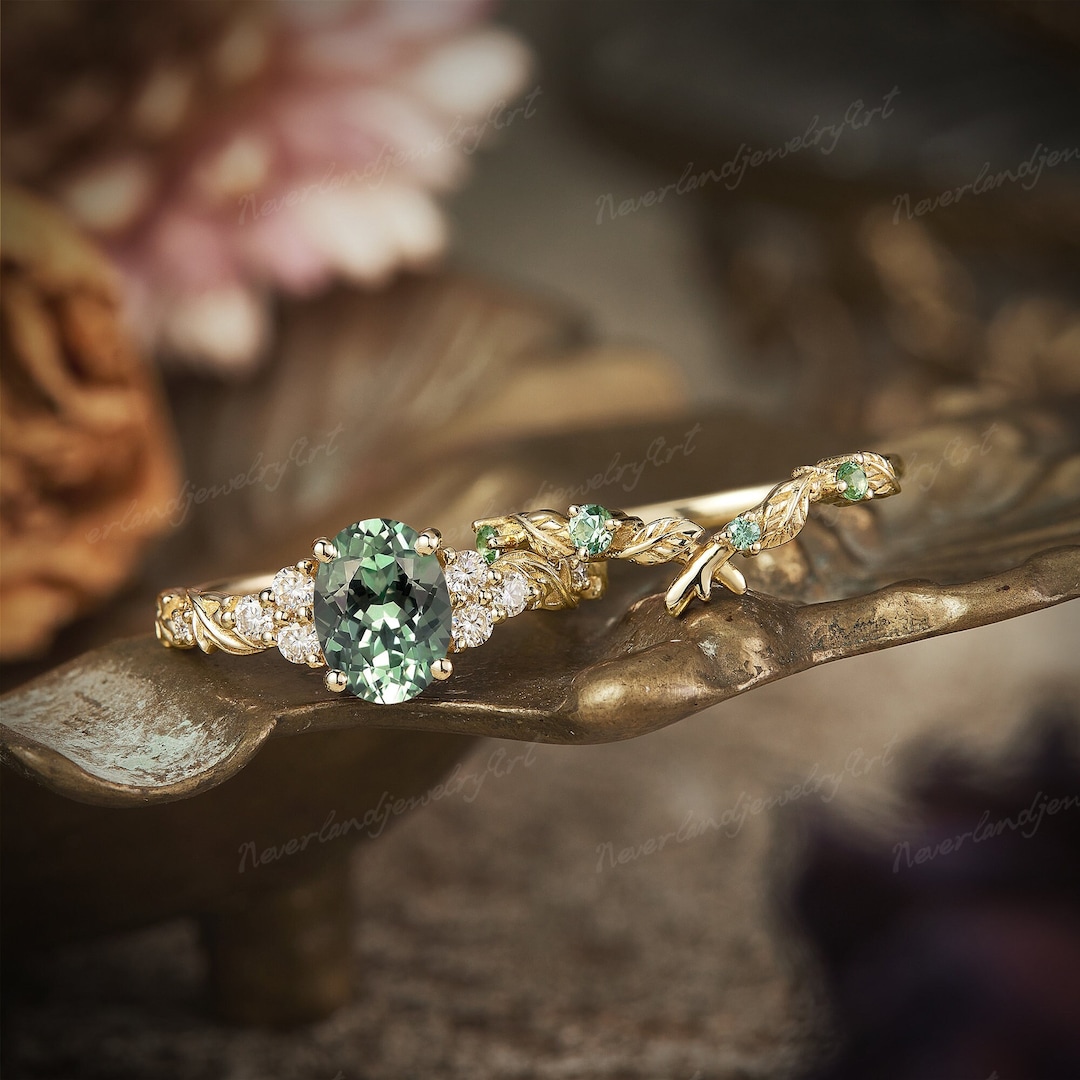 Vintage Green Sapphire Engagement Ring Set Nature Inspired Leaf ...